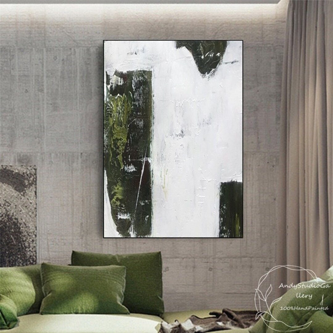 Large White Minimalist Wall Art on Canvas Green Abstract Acrylic ...