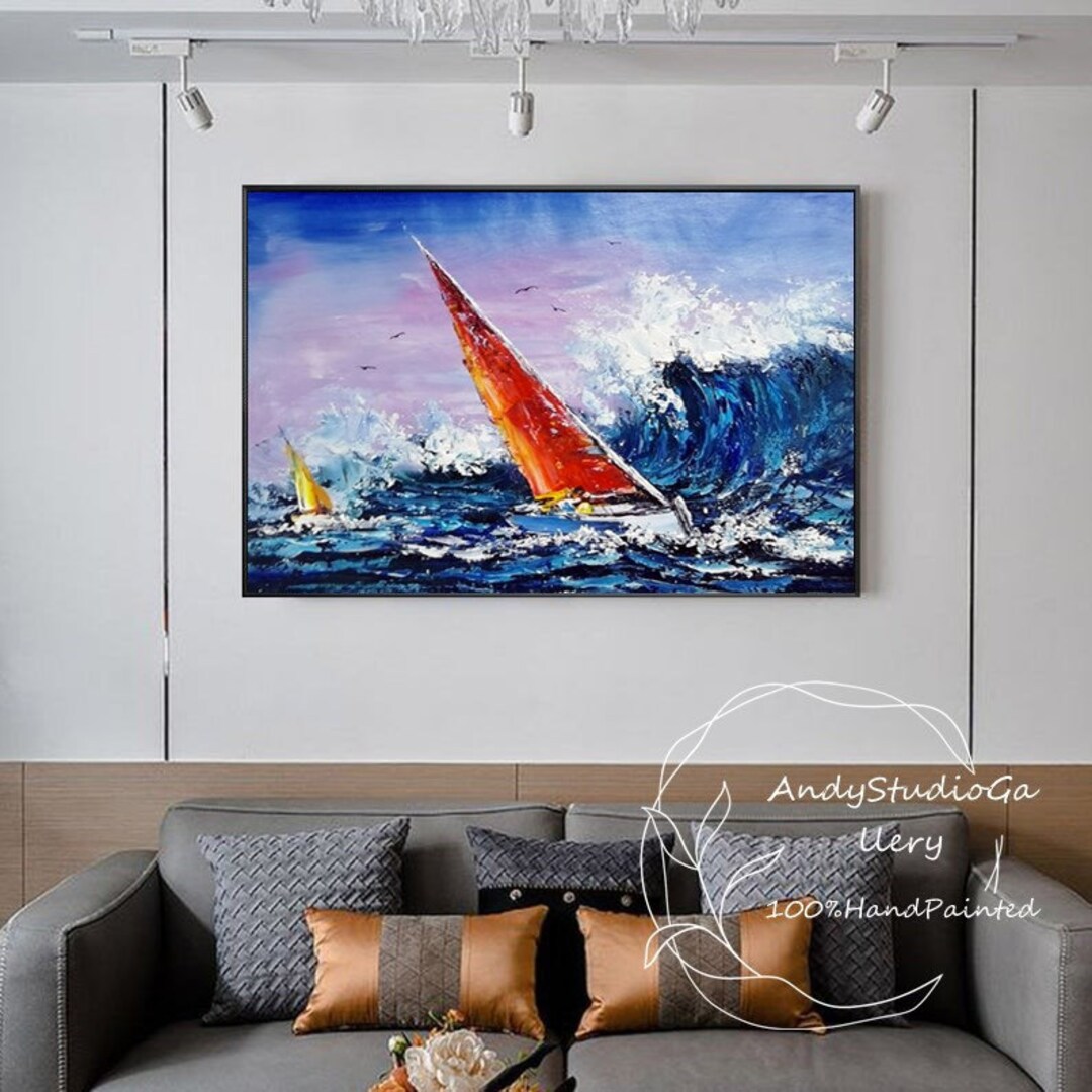 Extra Large Blue Abstract Sailing Art Blue Sea Waves Textured Wall Art ...