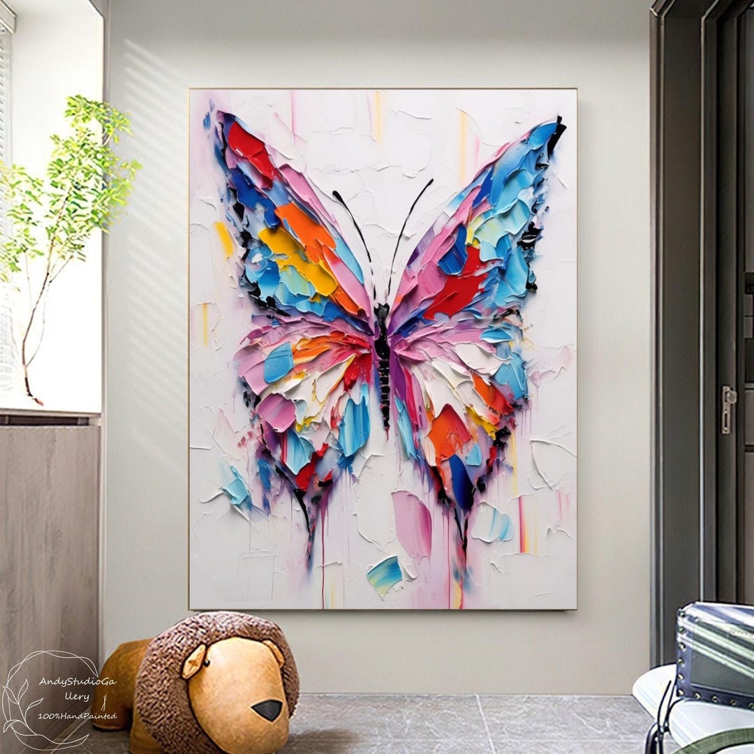Large Butterfly Painting, Original Hand Painted Blue and White ...