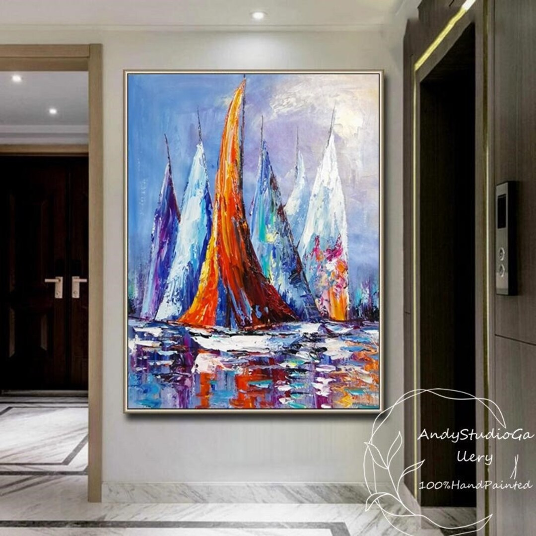 Large Abstract Colorful Sailing Boat Wall Art Seascape Canvas Wall Art ...