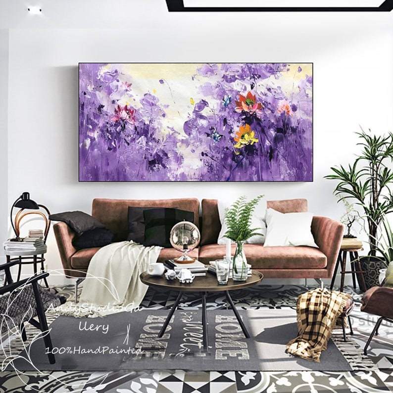 Large Lotus Landscape Canvas Art Floral Oil Painting Purple | Etsy