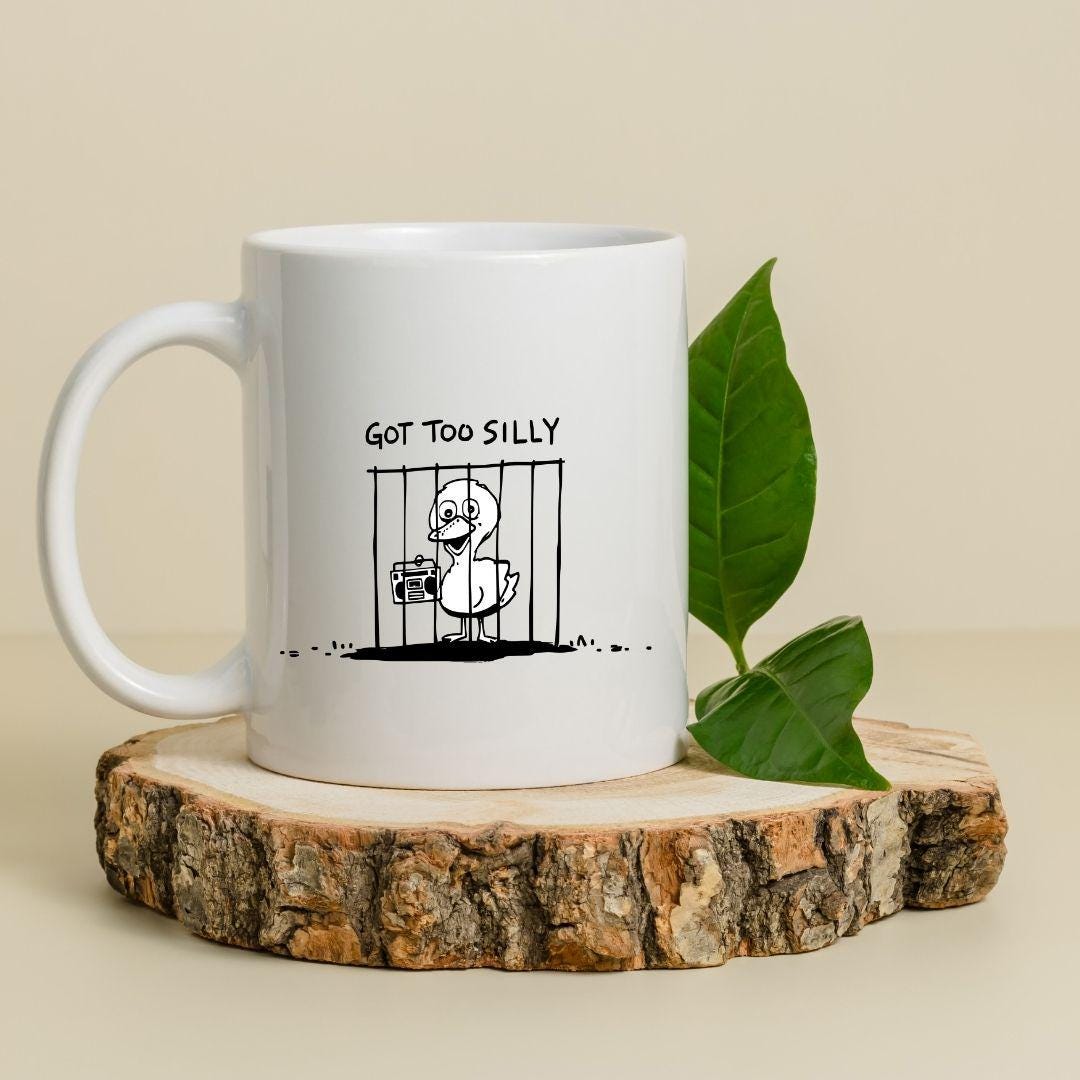 Silly Duck in Jail Mug – Funny Cartoon Meme Coffee Cup – Got Too Silly ...