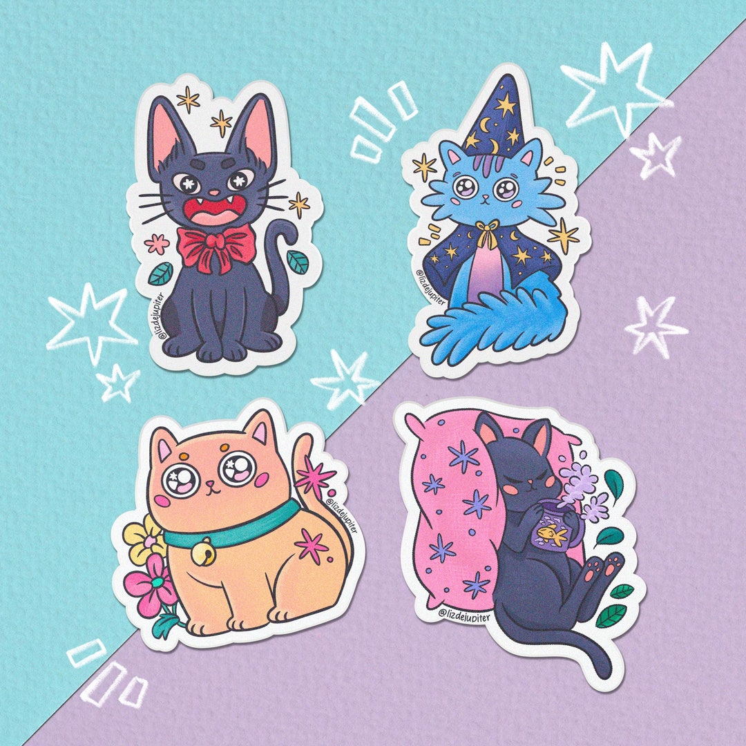 Cute and Magical Cats Sticker Pack X4 Vinyl Sticker Sketchbook Sticker ...