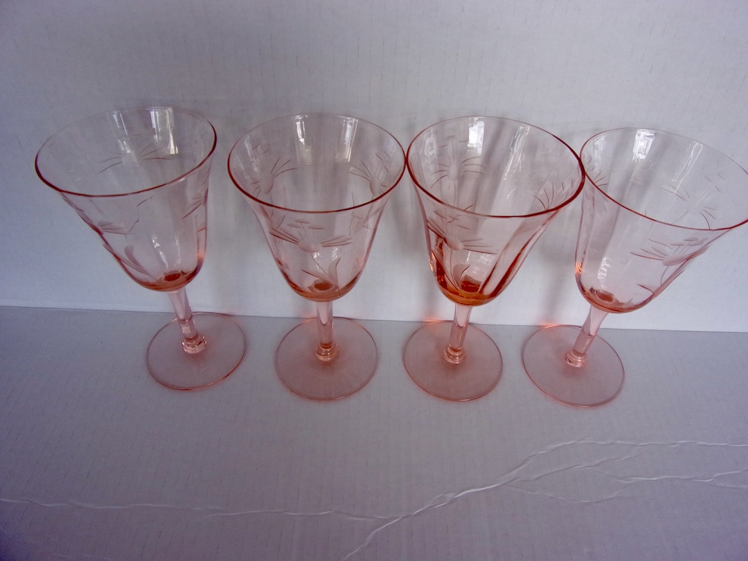 Vintage Pink Glasses Stemware Set Etched Deco Design - Etsy