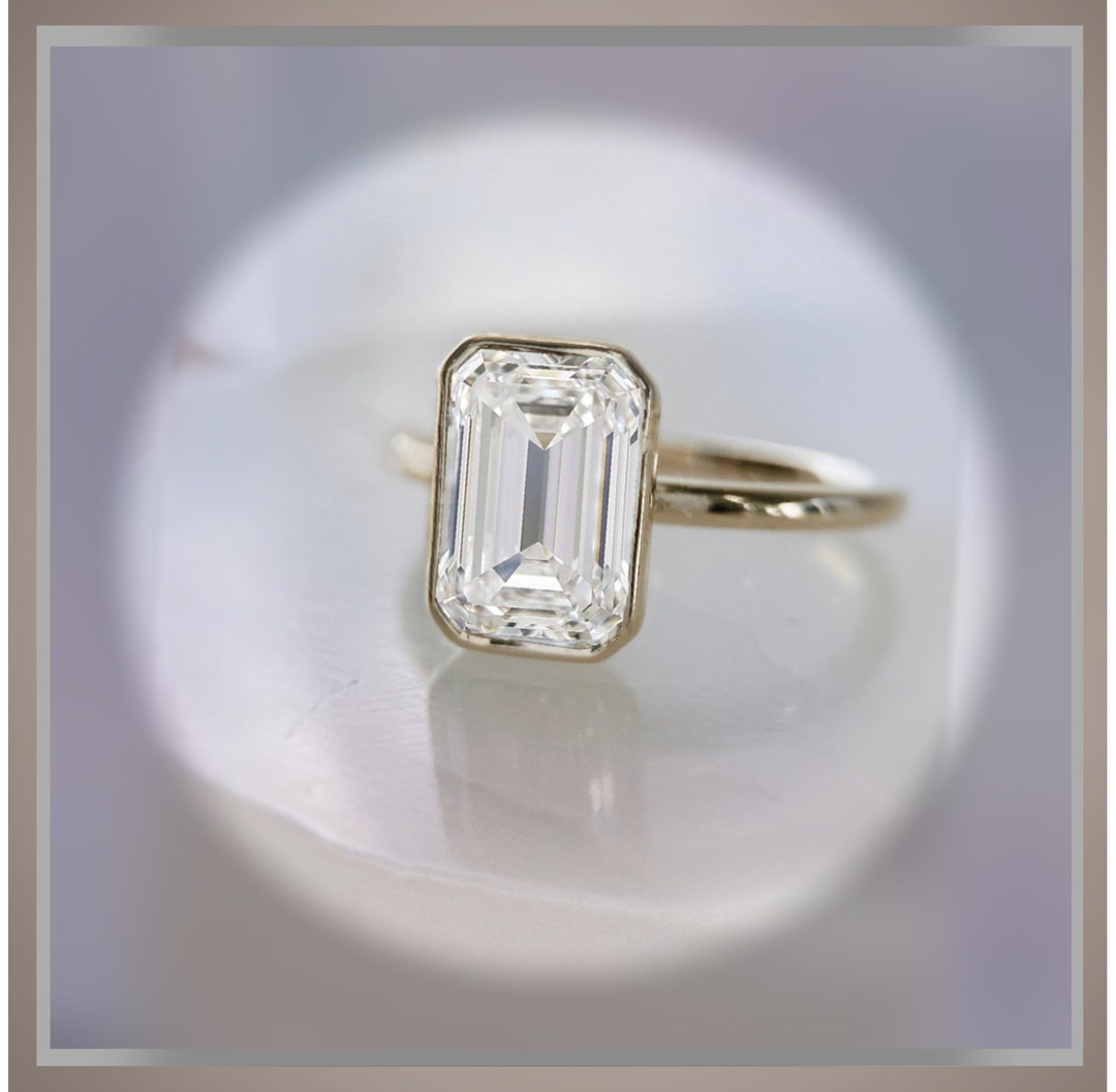 3.00 Ct Emerald Cut Diamond Bezel Set Solitaire Engagement Ring VS1 F ...
