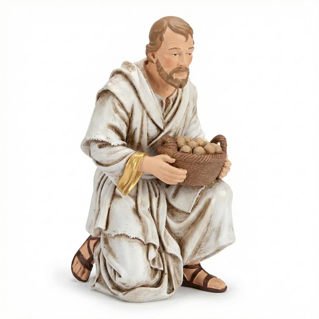 Nativity Shepherd Figurine Kneeling With Basket Hand Painted Rustic ...