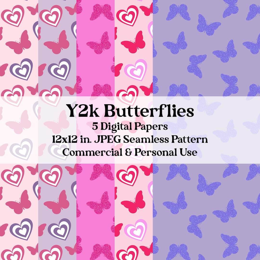 Y2K Glitter Butterflies Digital Paper Pack, Y2K Seamless Pattern, Pink ...