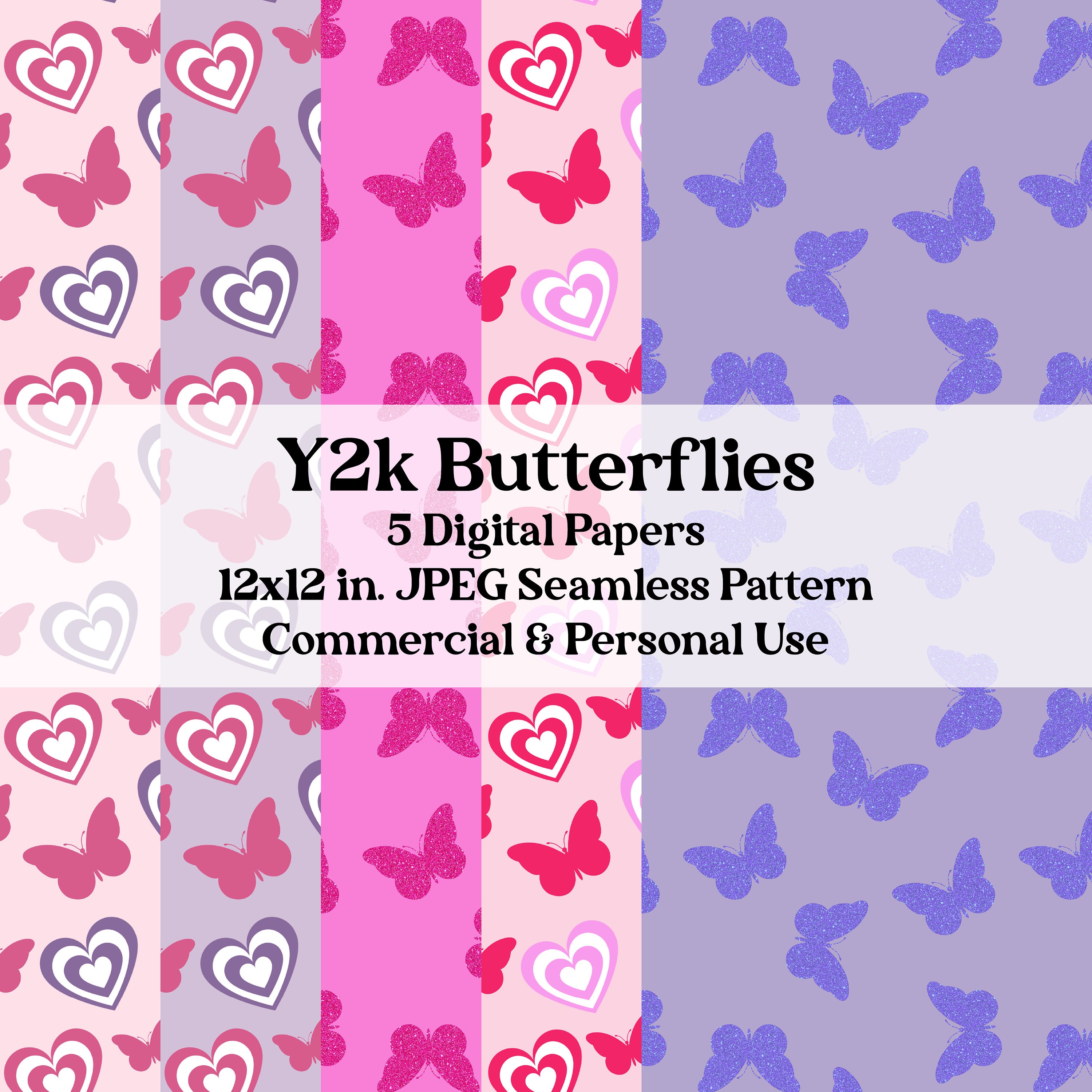 Y2K Glitter Butterflies Digital Paper Pack, Y2K Seamless Pattern, Pink ...