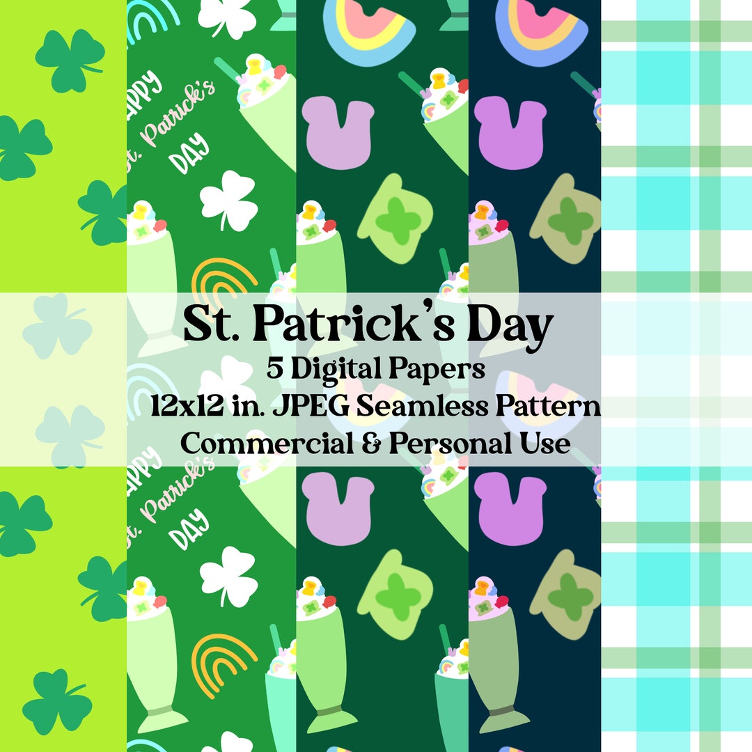 St. Patricks Day Digital Paper Pack, Shamrock Seamless Pattern, Green ...