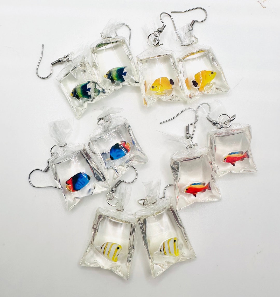 Quirky Fish in a Bag Dangle Earrings Fun Unique Earrings Sea Creature ...
