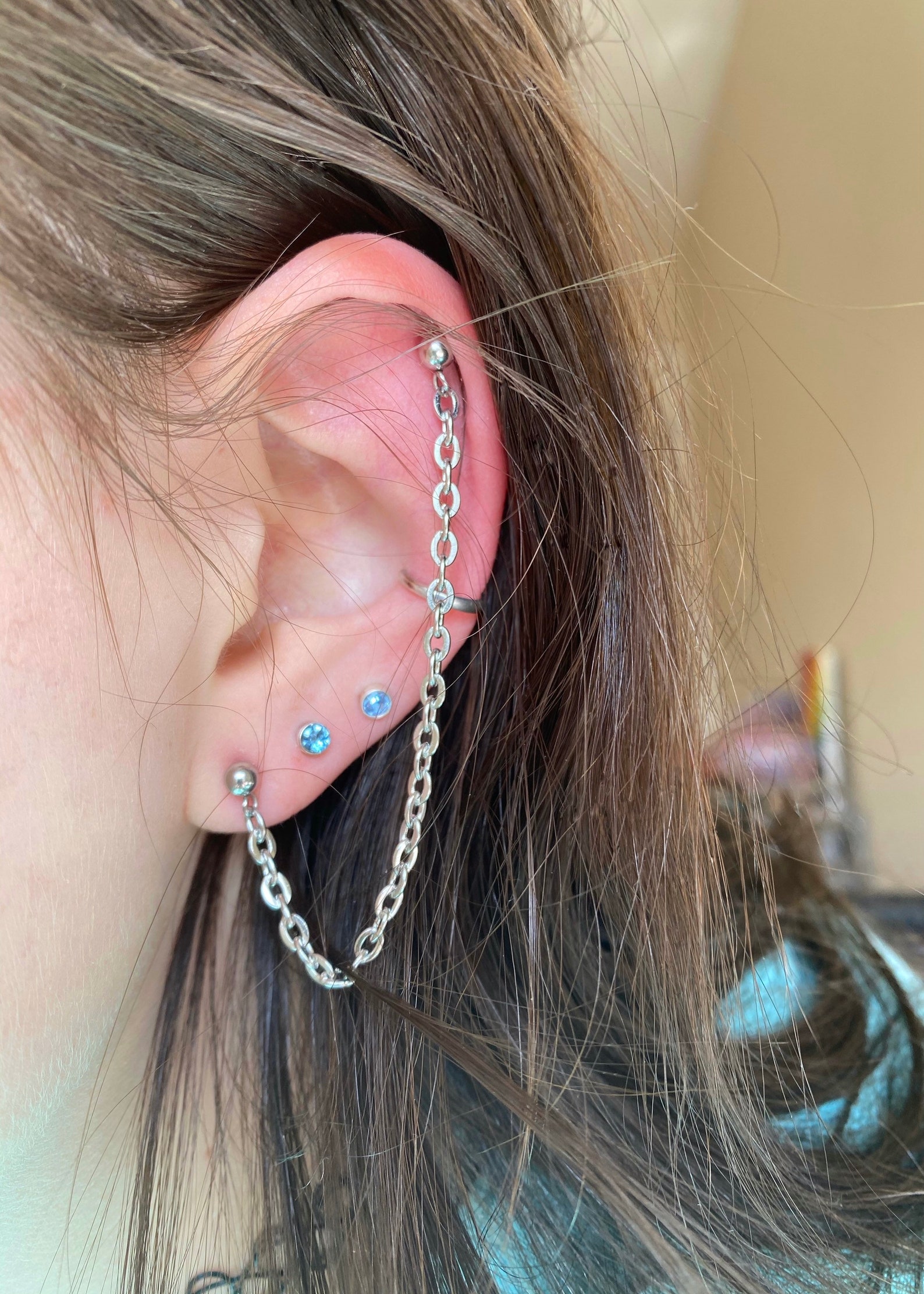 Silver & Gold Helix Chain Earring Double Piercing Earring | Etsy