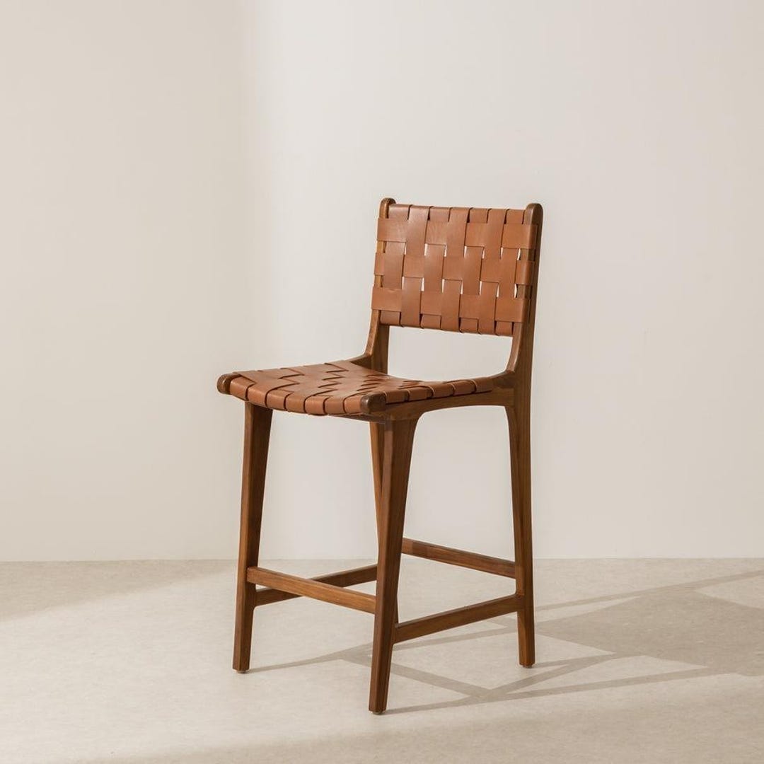 Six the Residence Leather Strap Bar Stool - Woven Leather and Wood ...