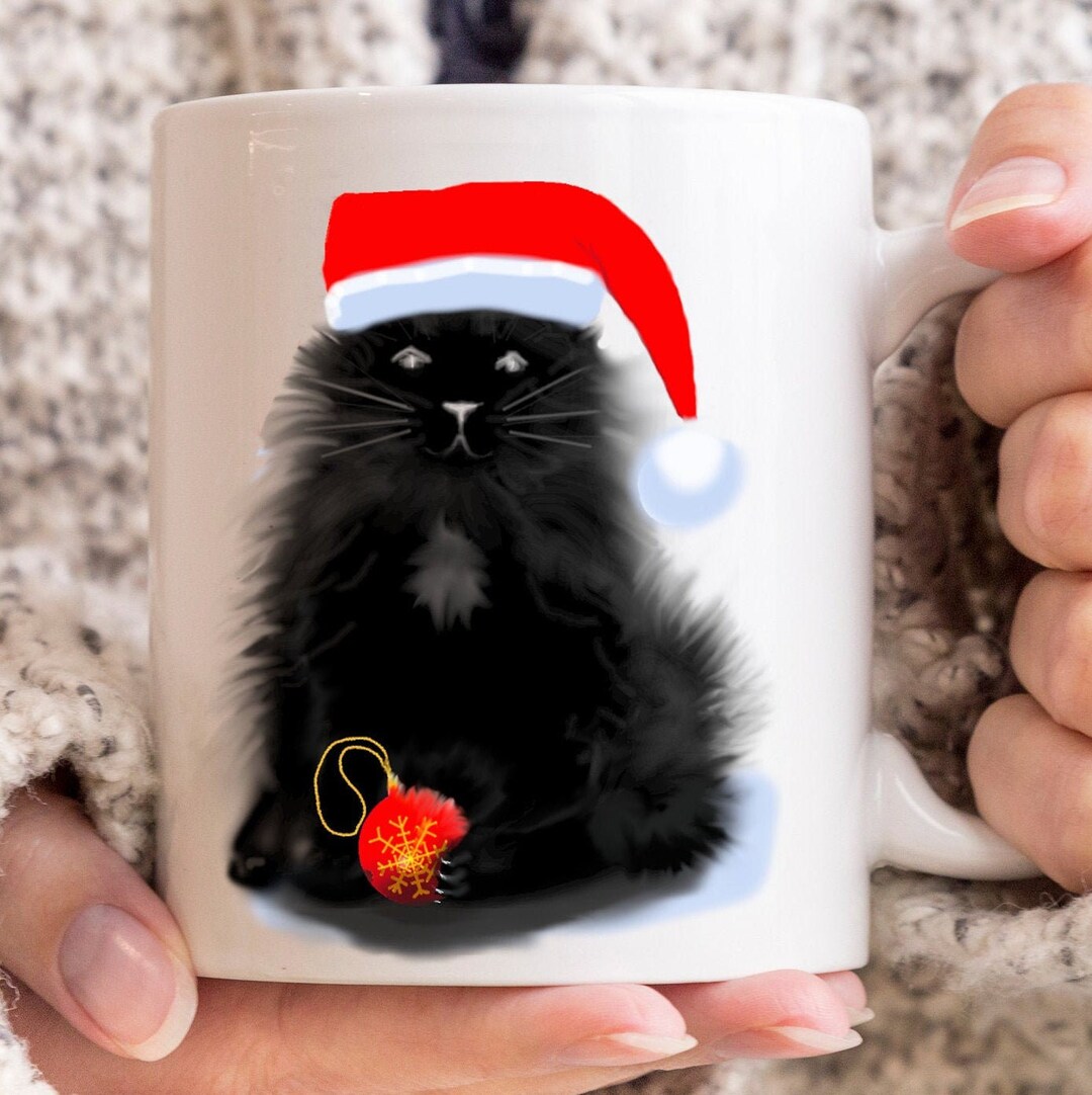 Merry Christmas Mug With Fluffy Black Cat, Santaclaus Kitten Gift ...