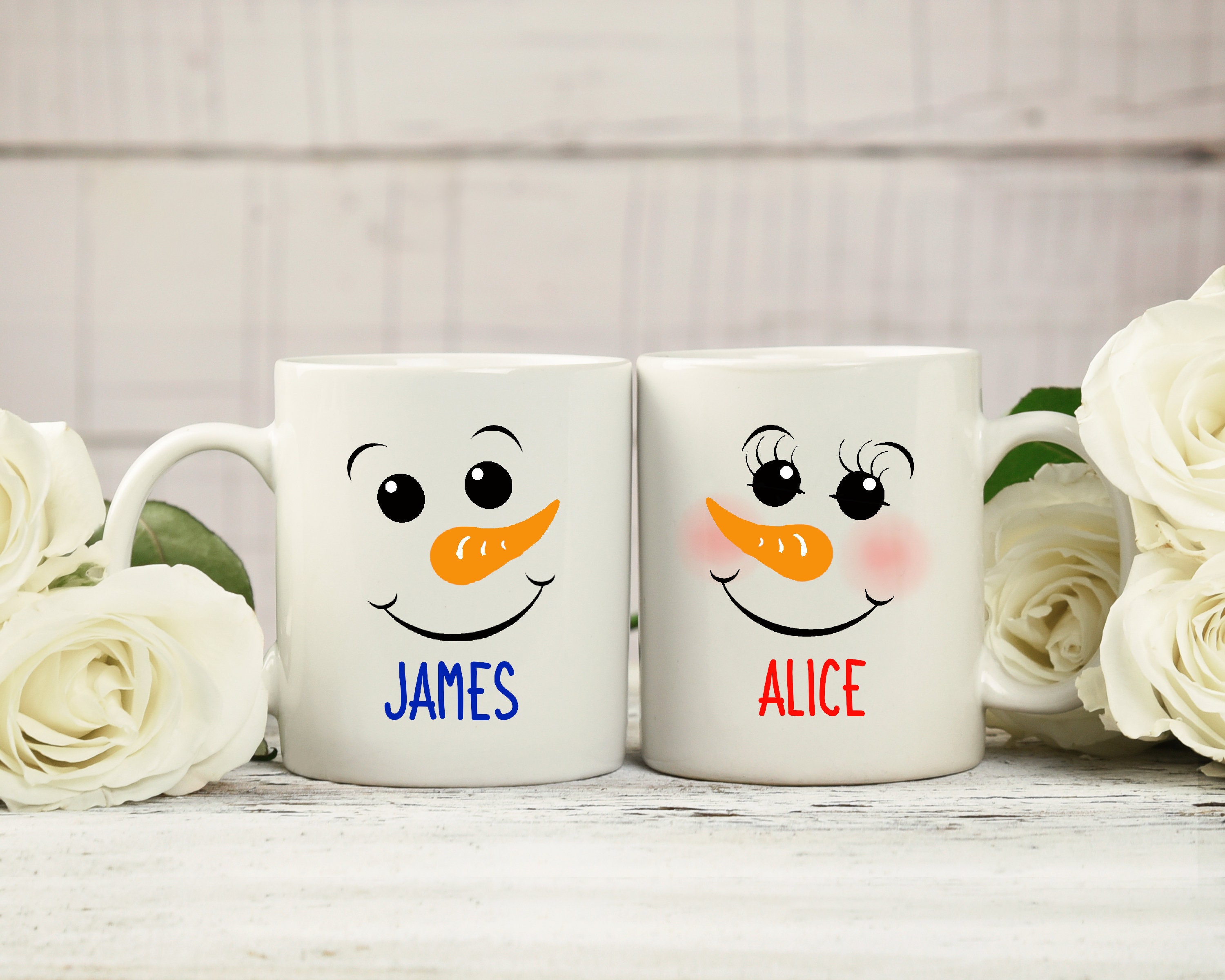 Cute Custom Name Mugs, Smiling Snow-girl and Snowman Mug Set, Two ...