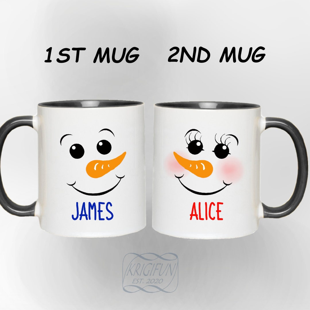 Cute Custom Name Mugs, Smiling Snow-girl and Snowman Mug Set, Two ...