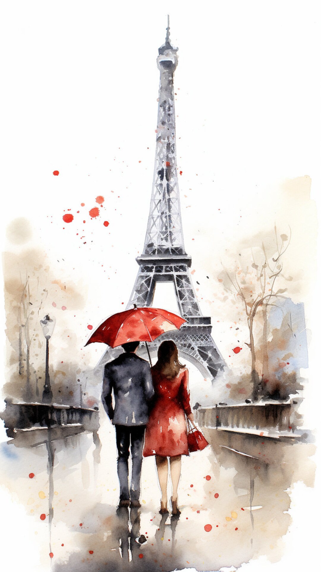 Parisian Love Story: Watercolor Painting of Couple With Red Umbrella at ...