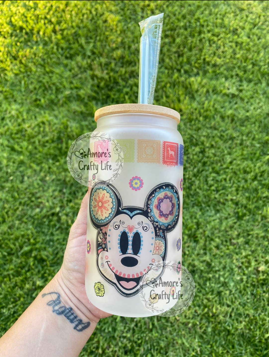 16 Ounce Mickey Coco Inspired Frosted Glass Can With Bamboo Lid & Straw ...
