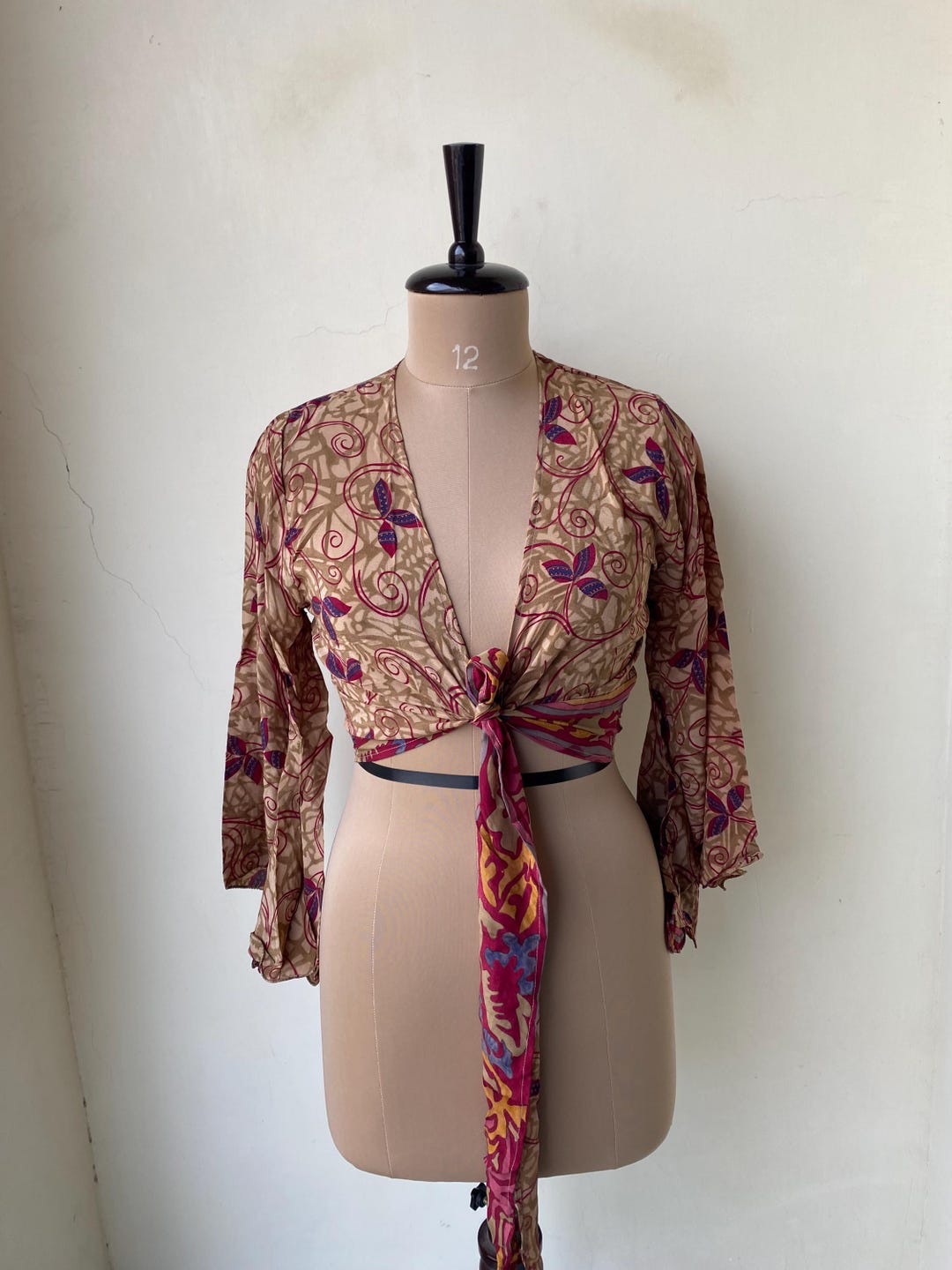 Bohemian Silk Sari Top, Indian Silk Warp Top, Bell Sleeves Top ...