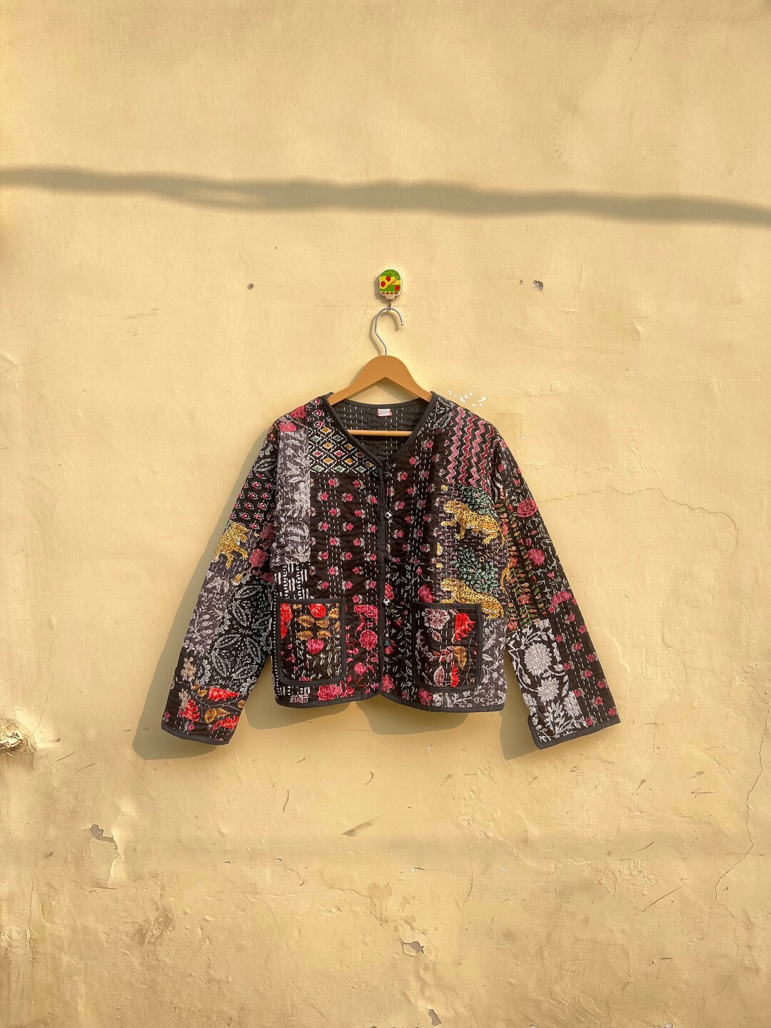 Black Handmade Women's Kantha Jacket Indian Cotton Assorted Patchwork ...