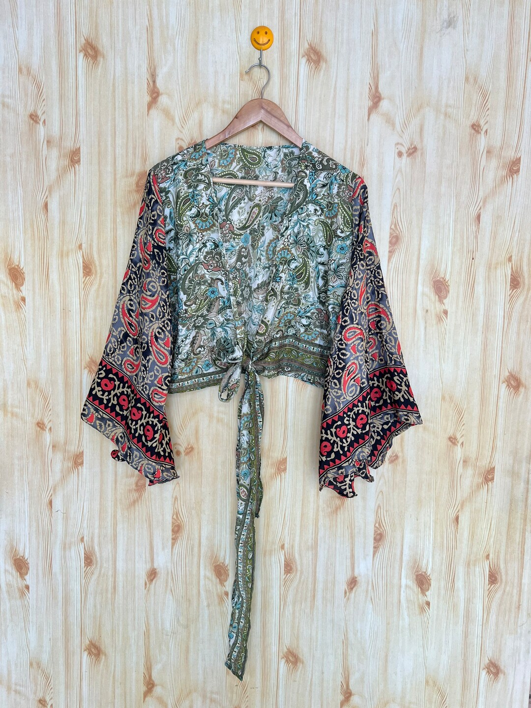 Burnt Silk Bell Sleeve Tie up Wrap Top,bell Sleeve Cardigan,tie up Crop ...