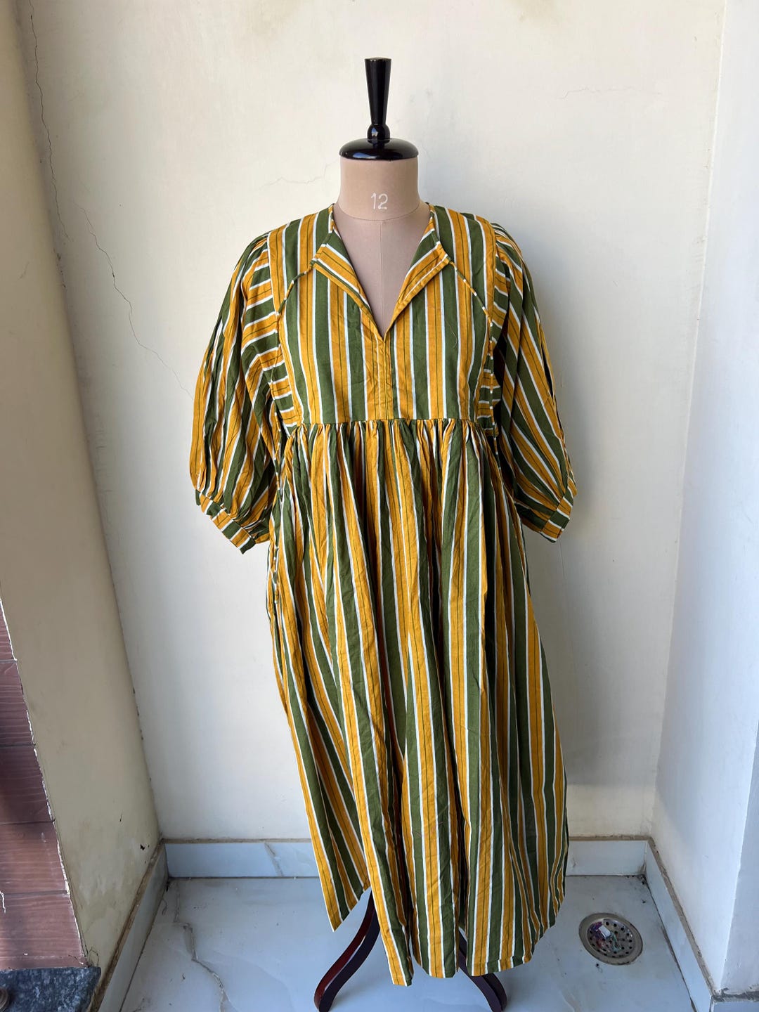 Striped Hand Block Print Kyra Midi Dress, Bohemian Cotton Dress ...
