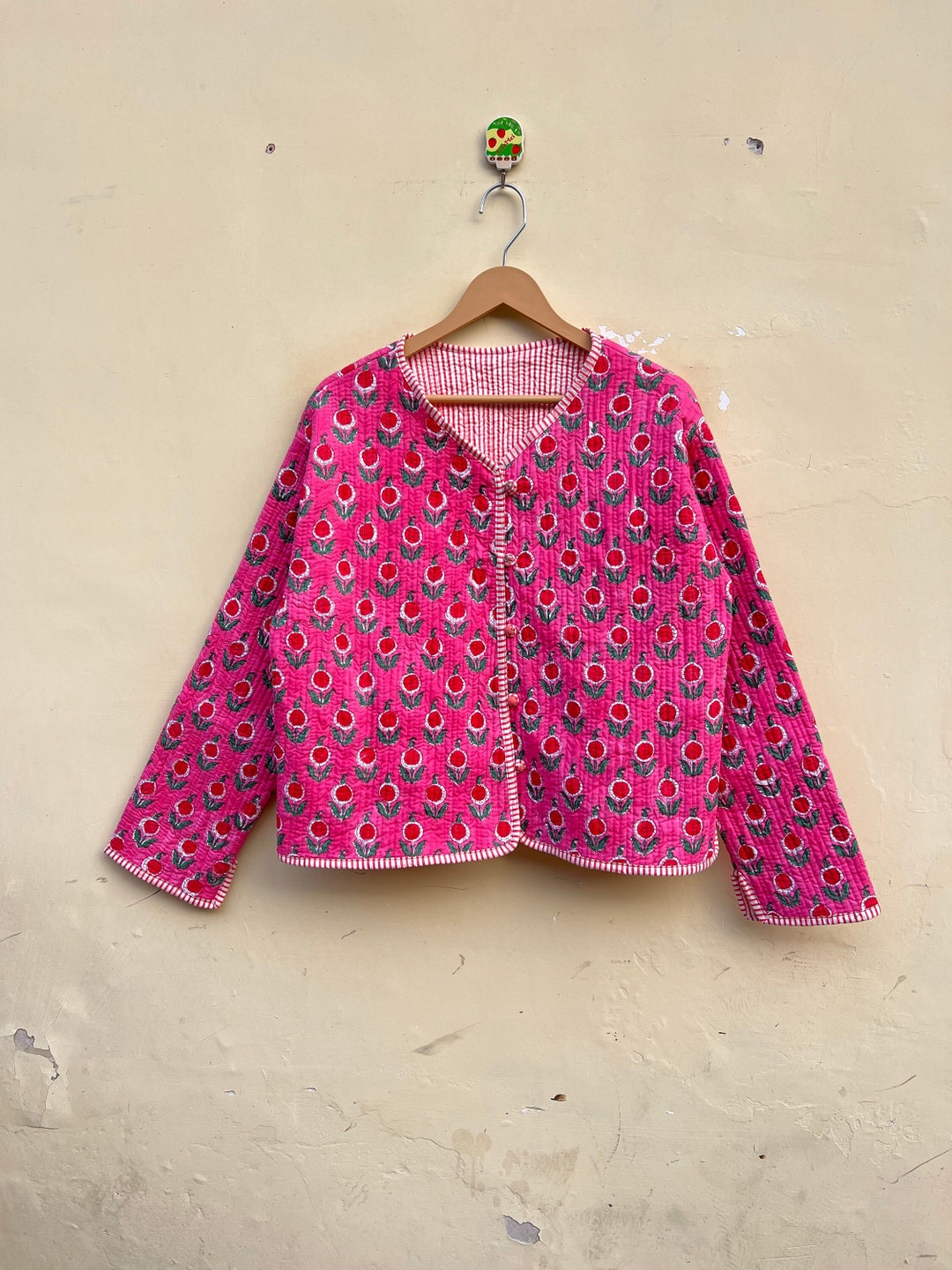 Buy Pink Hand Block Print Short Coat With Stripe and Piping , Women ...
