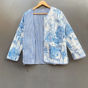 Blue and White Quilted Jacket Women Wear Stripe Piping Handmade Vintage ...