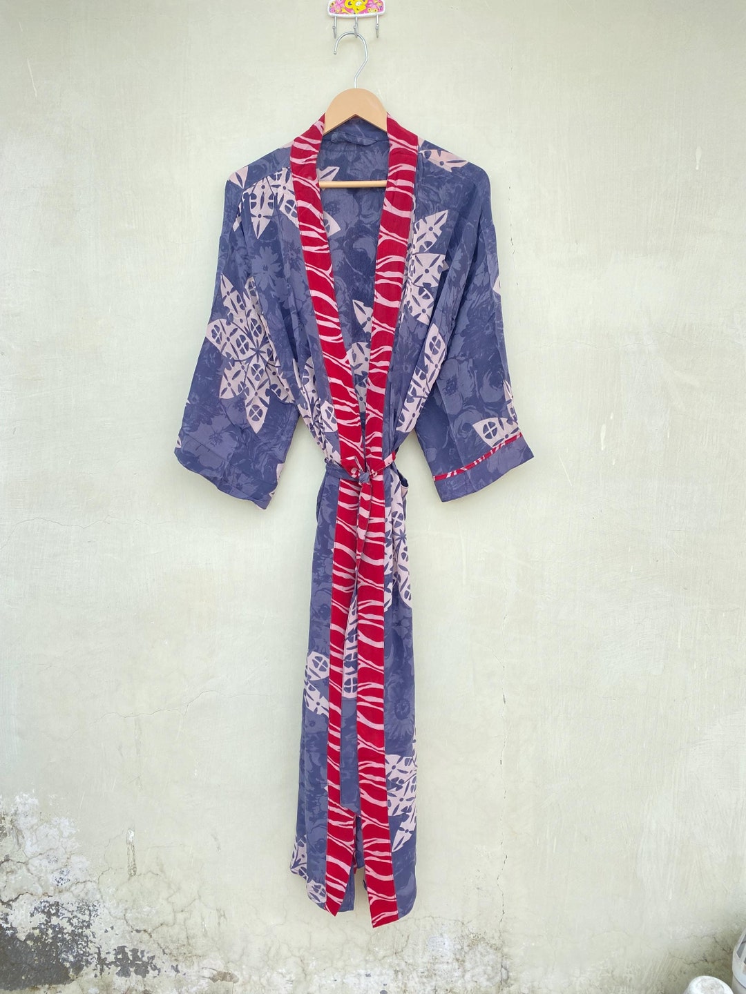 Black and Red Silk Kimono Robe, Summer Wear Robe, Vintage Party Wear ...