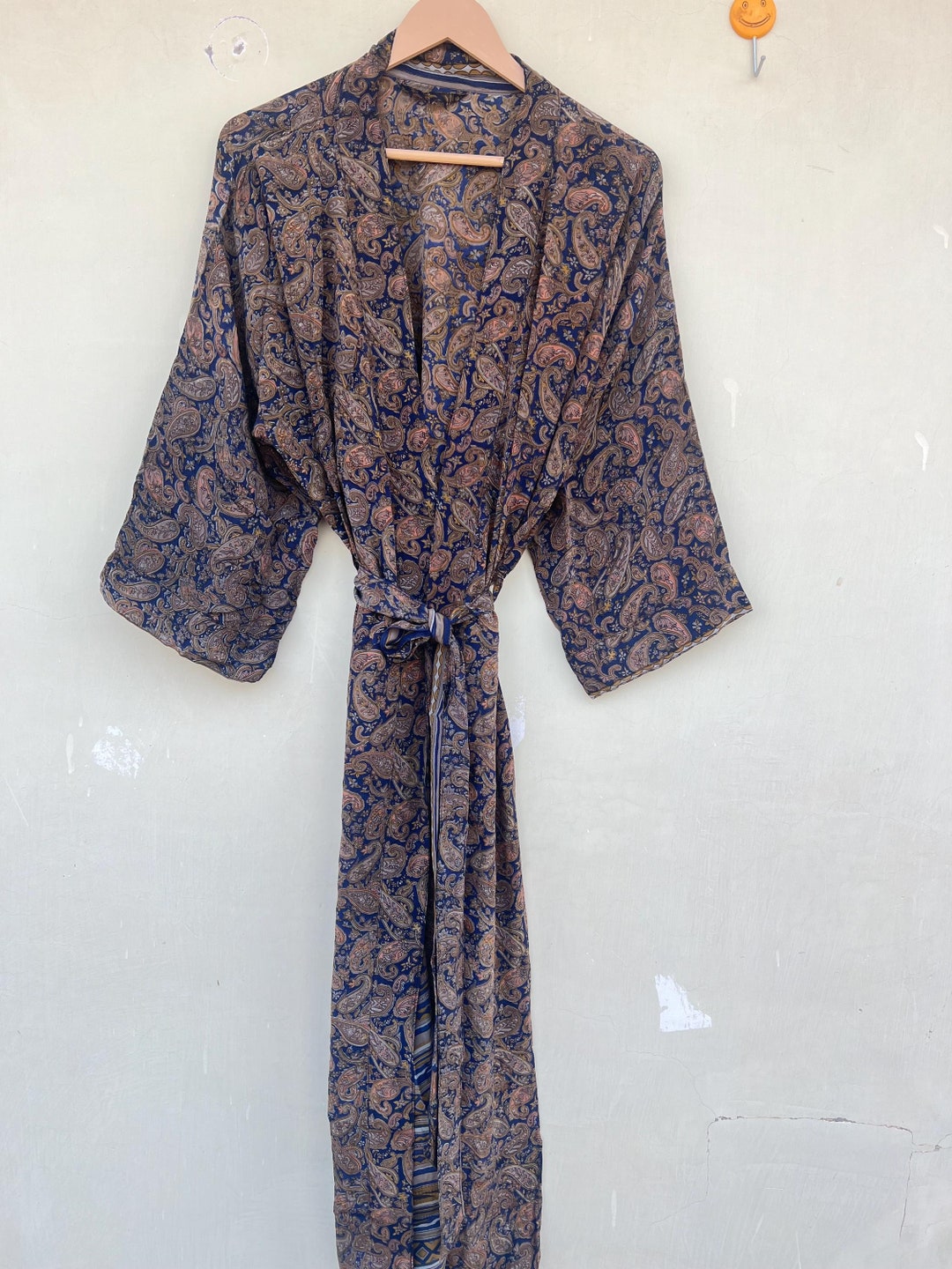Silk Kimono Robe, Long Gown Night Robes, Bohemian Crepe Jacket on ...