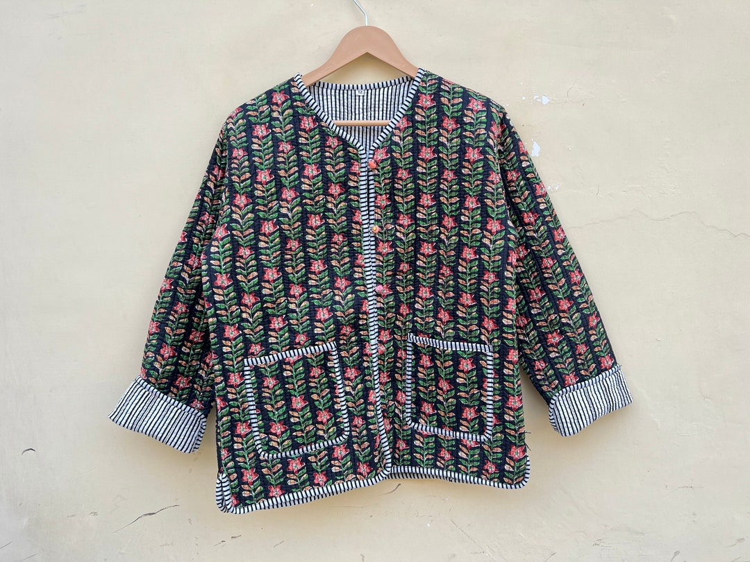 Block Print Cotton Jacket: Black Leaf Print, Reversible Indian Coat - Etsy