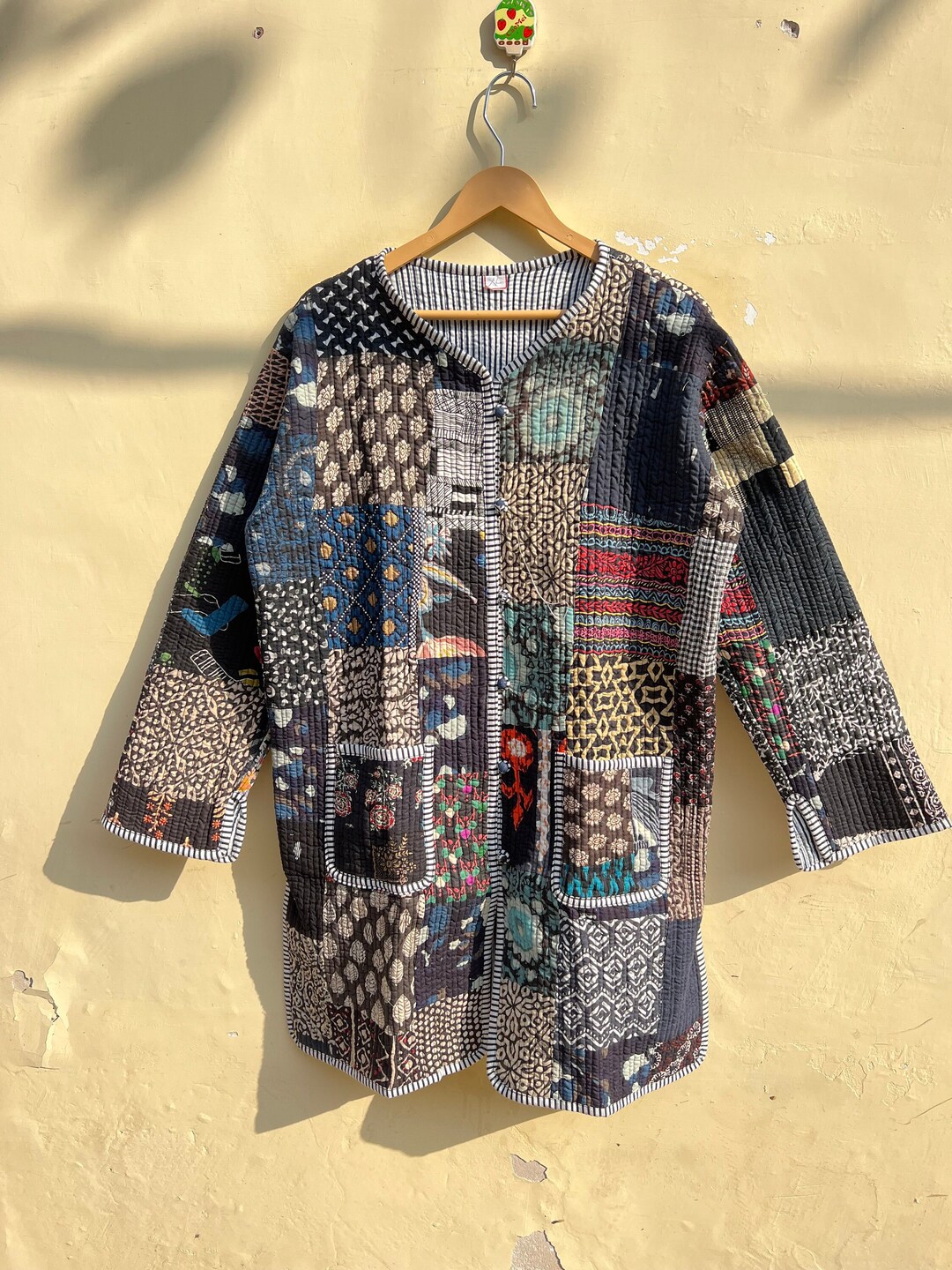 Vintage Patchwork Quilted Coat: Long Indian Jacket With Pockets - Etsy
