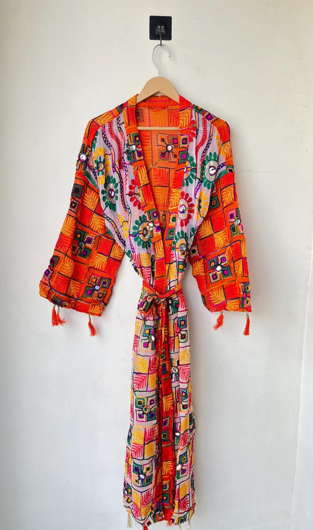 Embroidery Long Kimono Robe, Phulkari Kimono, Thread Work Kimono ...