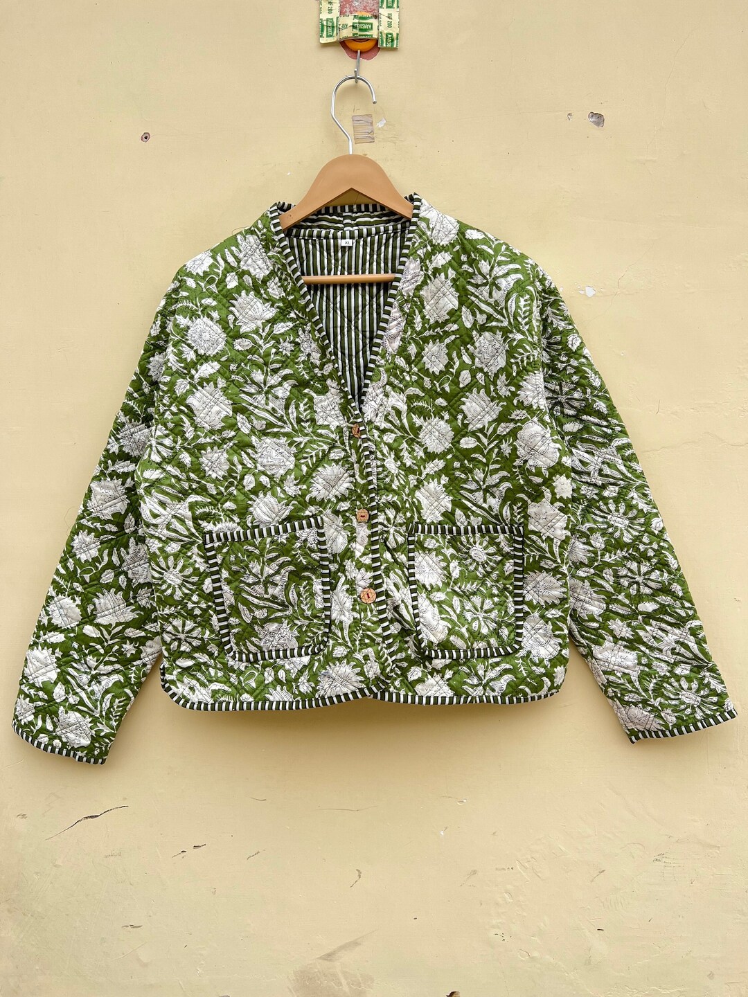 Green Sunflower Block Printed Burfi Quilted Jacket Boho Short Coat ...