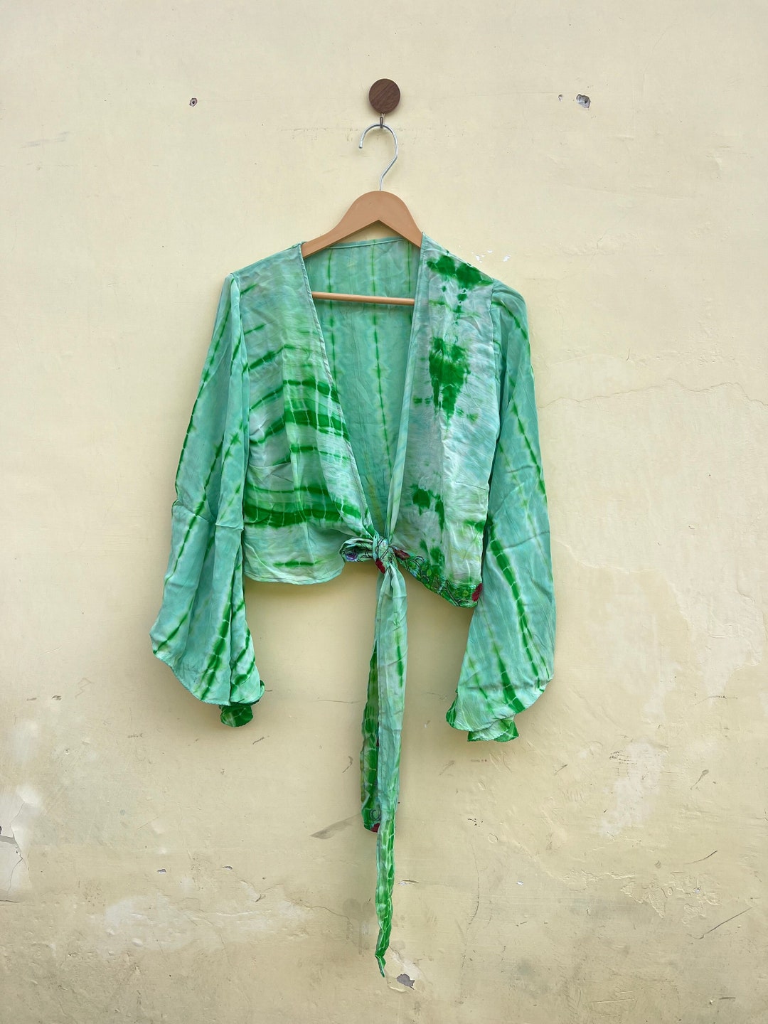 Green Boho Vintage Hippie Crop Top, Beach Wear Tie Tops, Bohemian ...