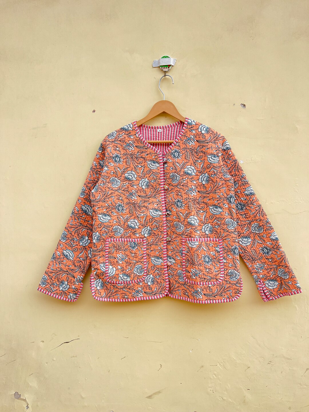 Handmade Orange Block Print Quilted Jacket: Boho Indian Coat - Etsy