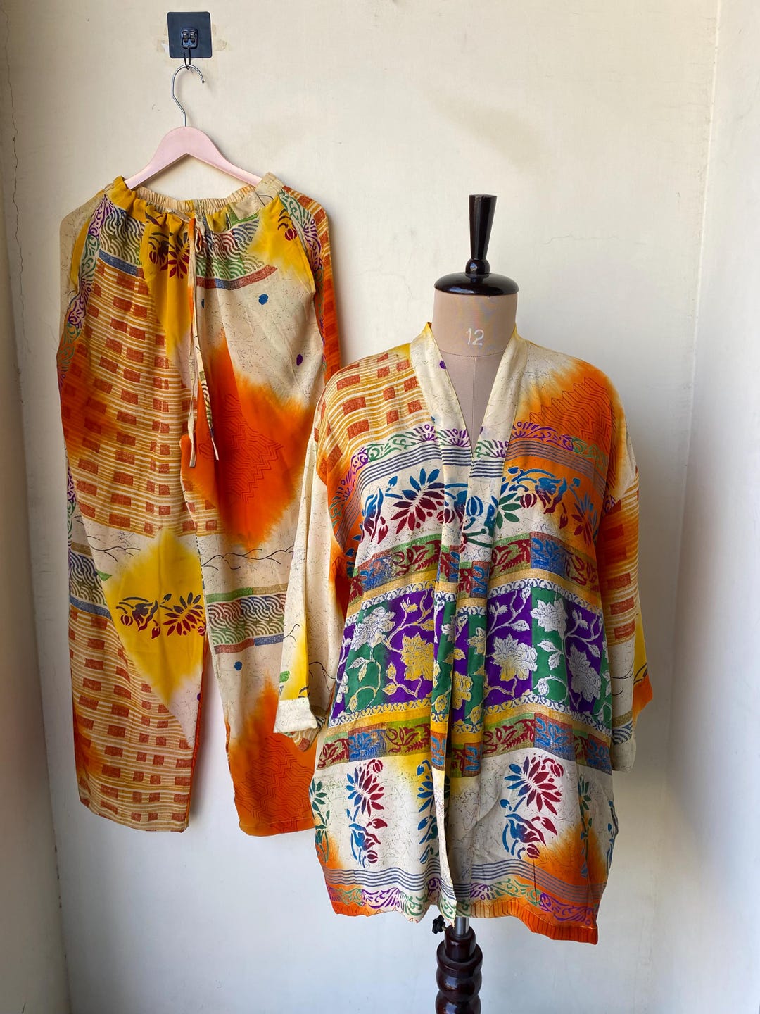 Kimono Robe Style Matching Pajama Set, Stylish Silk Sari Womens Pajama ...