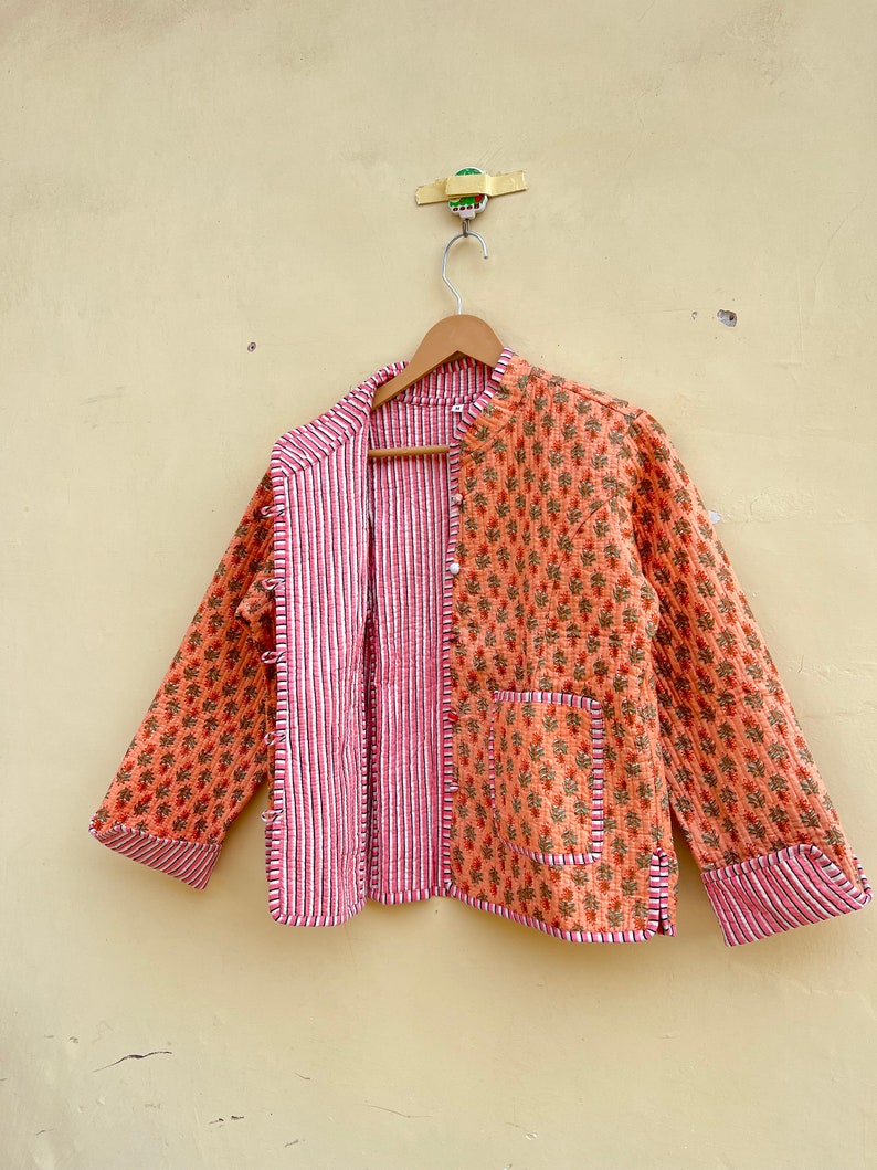 Orange Block Print Quilted Cotton Jacket: Reversible Short Coat - Etsy