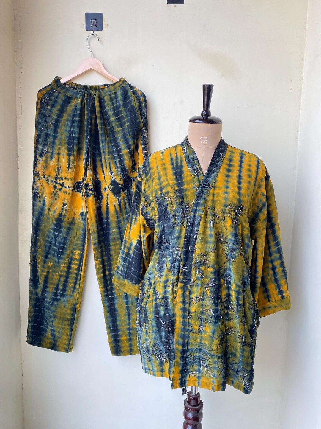 Kimono Robe Style Matching Pajama Set, Stylish Tie Dye Silk Womens ...