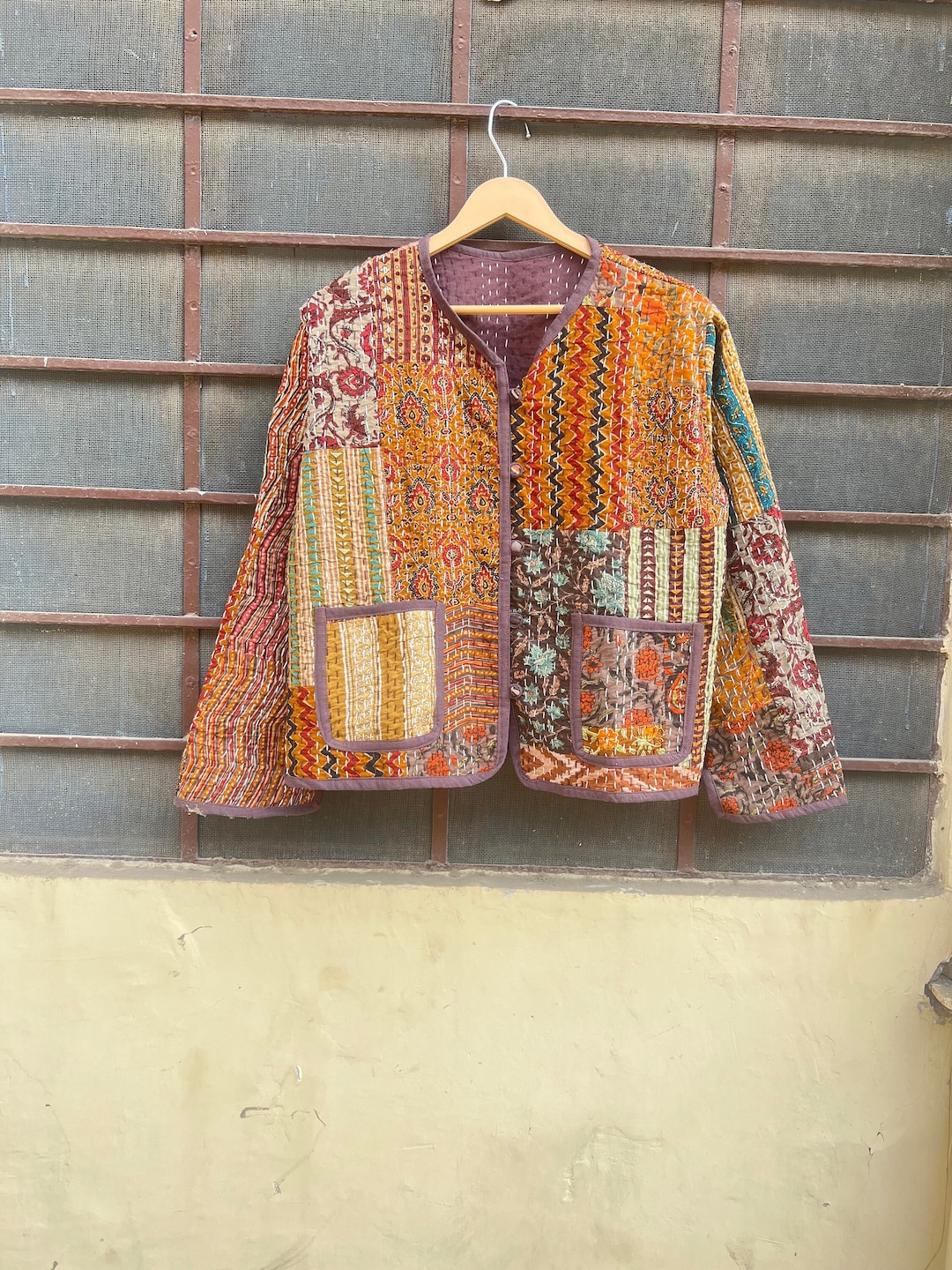 Brown Patchwork Handmade Kantha Jacket, Hand Stitched Cotton Floral ...
