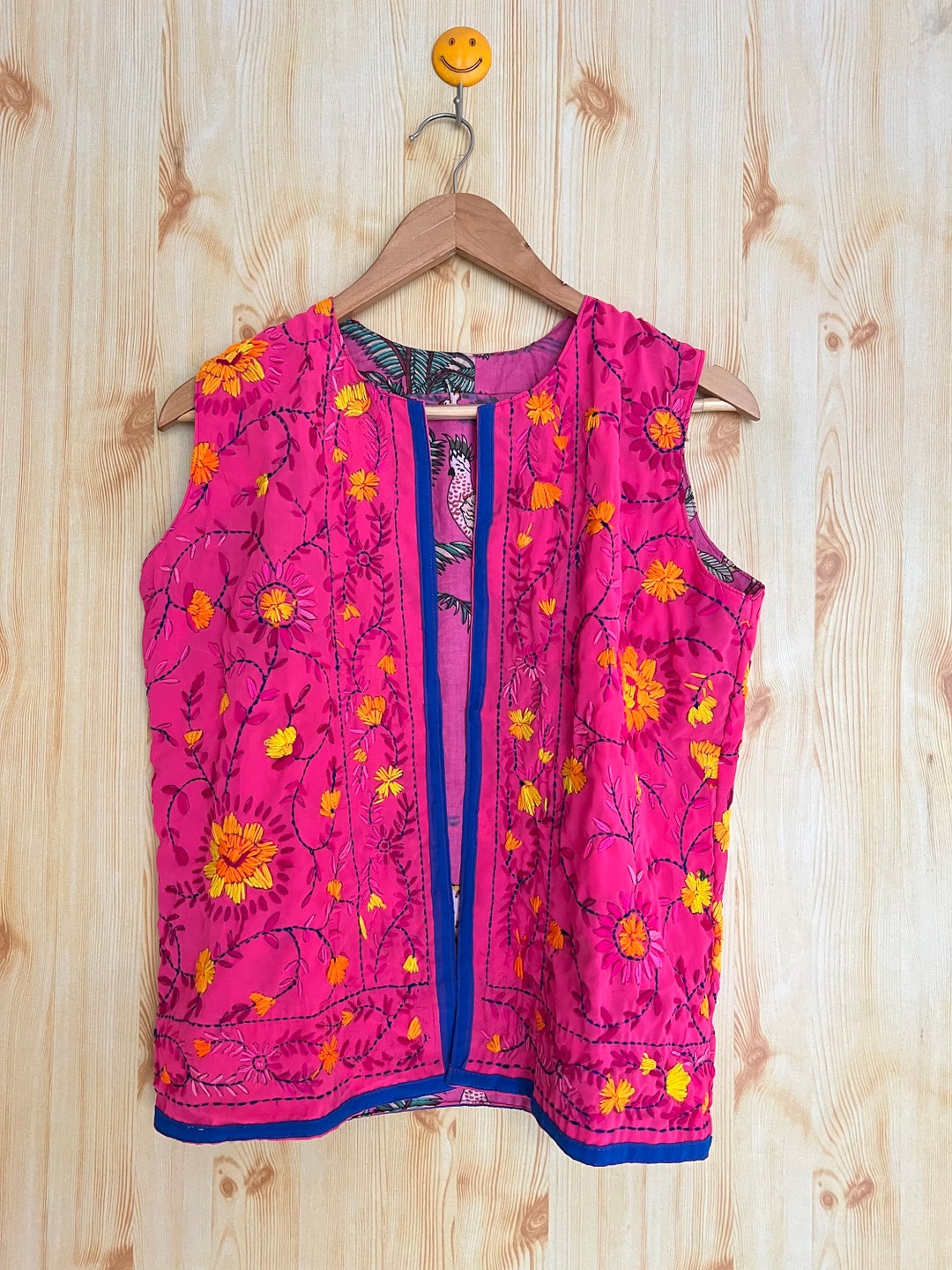 Beautiful Multicolored Pink Embroidery Waistcoat Robe, Boho Cotton ...