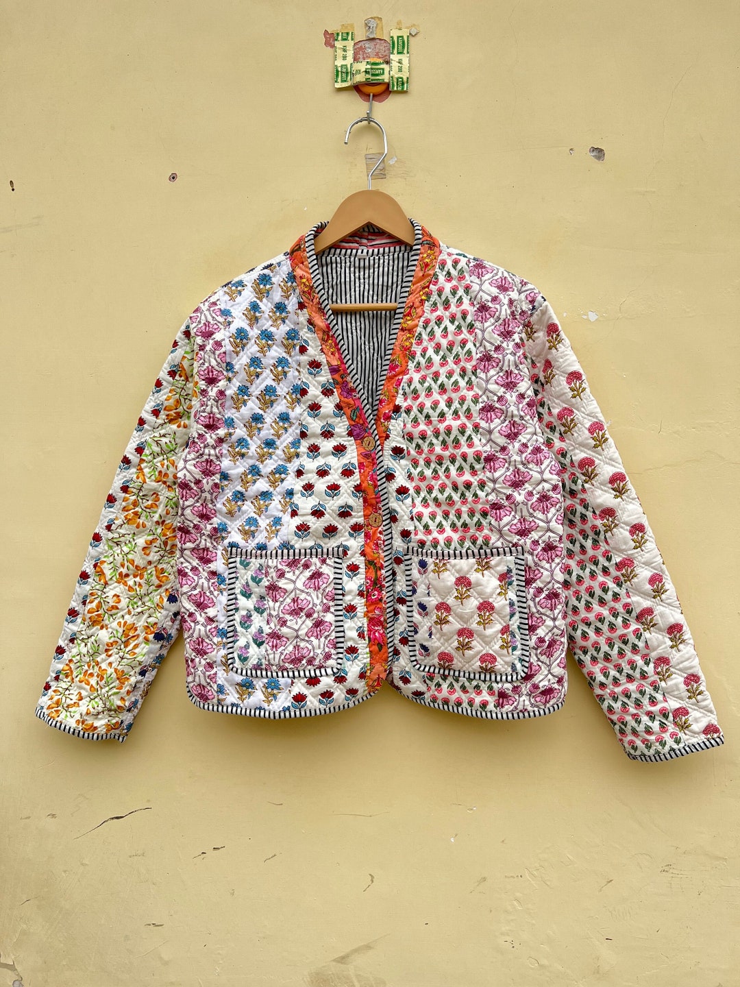 Buy White Printed Burfi Quilted Vintage Jacket Boho Short Coat , Kimono ...