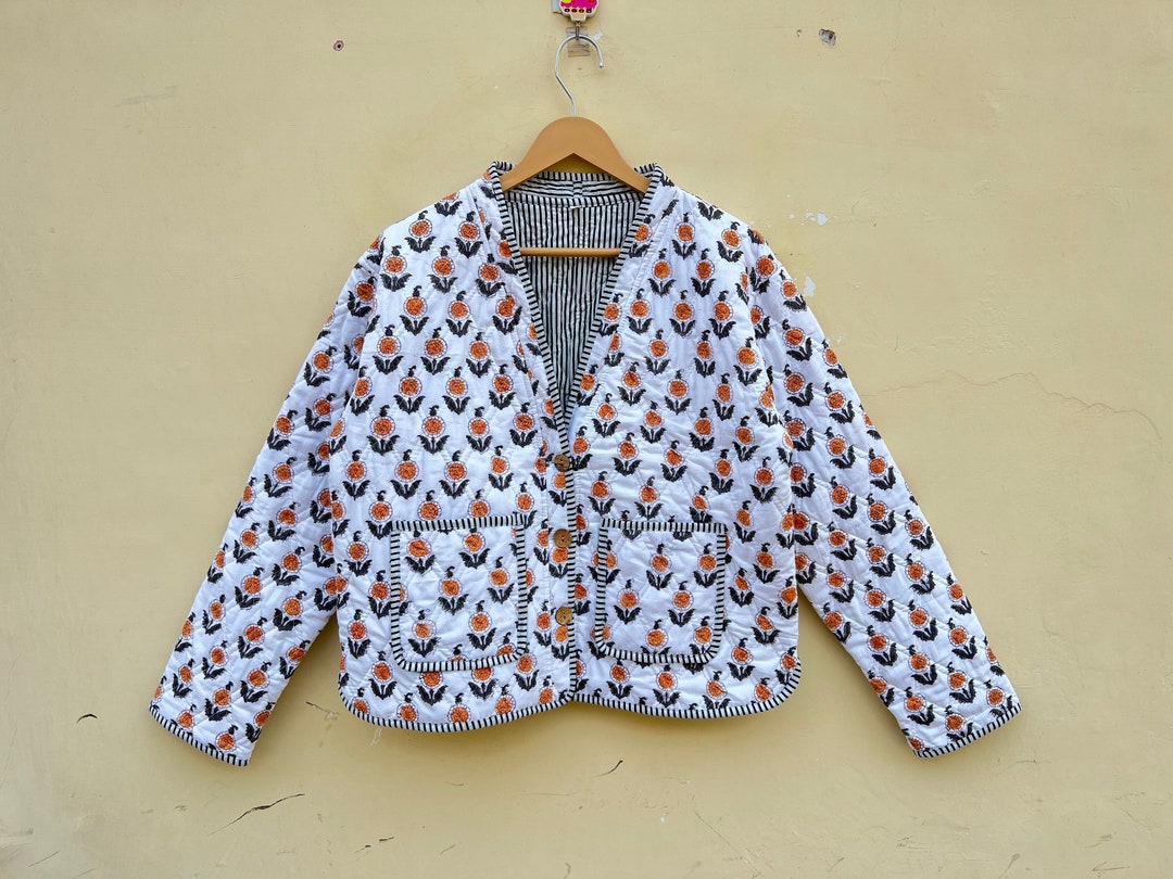 Handmade Block Print Quilted Jacket: White Floral Reversible Boho Coat ...