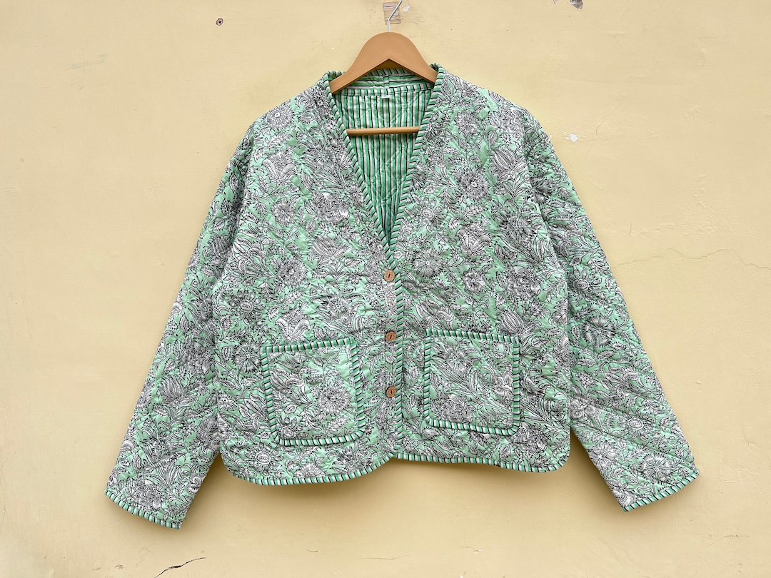 Handmade Block Print Quilted Jacket: Green V-neck Kimono - Etsy