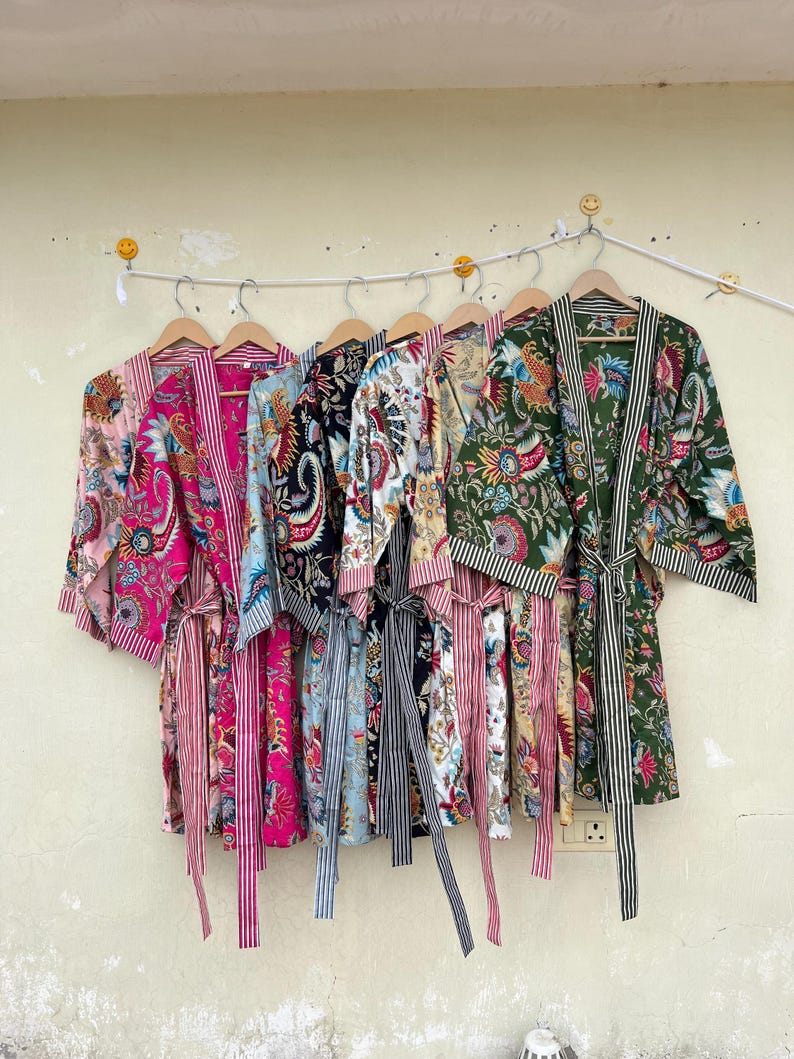 Hand Block Print Cotton Kimono Robe: Japanese Style Dressing Gown - Etsy