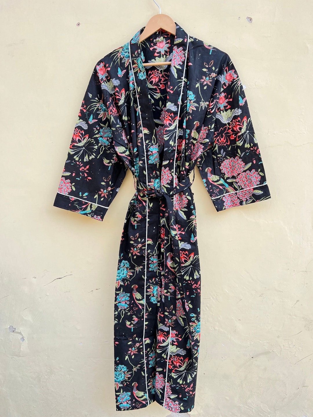 Cotton Kimono Robe, Bird Print Robes for Women, Dressing Gown, Plus ...