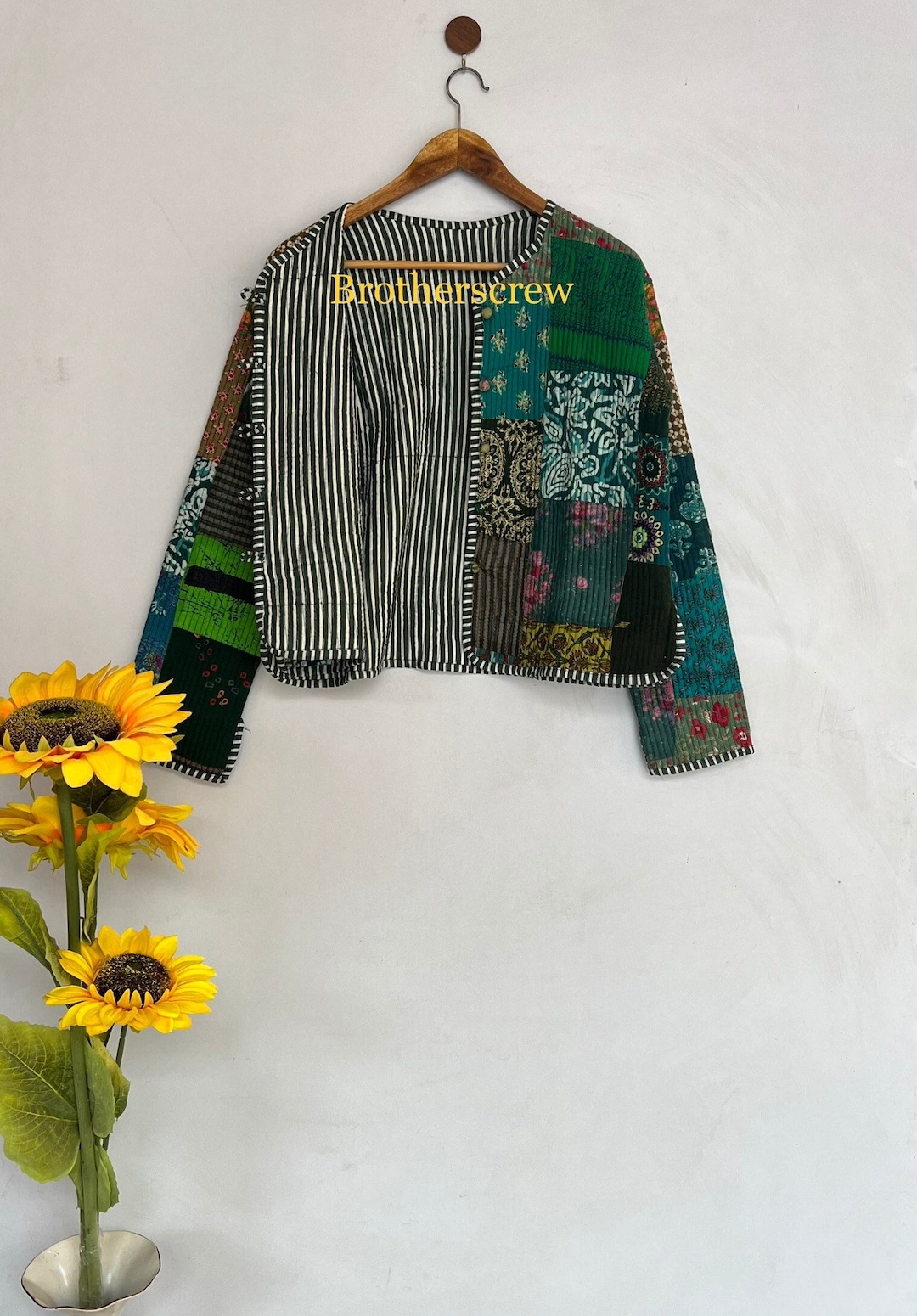 Cotton Quilted Jacket Women Wear Front Open Kimono Stripe Piping ...