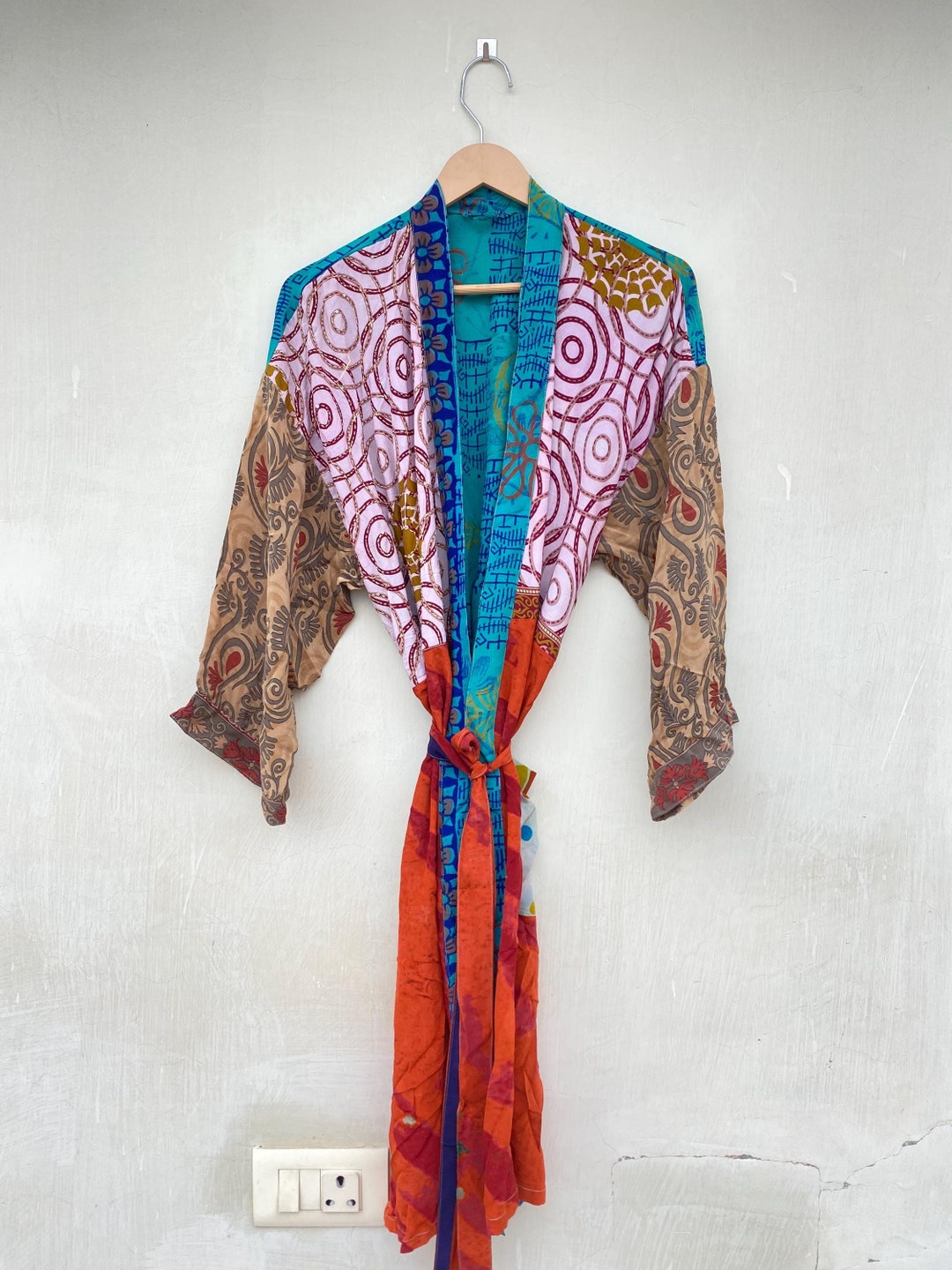 Blue and Red Vintage Silk Kimono, India Beach Cover Up, Kimono With ...