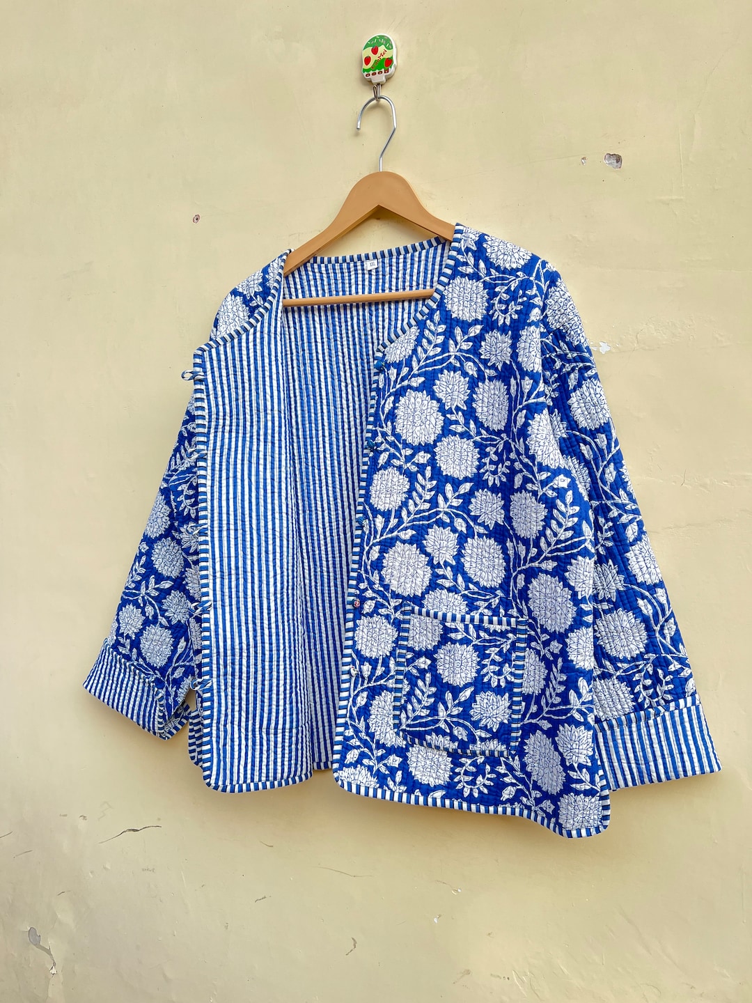 Handmade Block Print Cotton Quilted Jacket: Blue Floral Reversible Coat ...