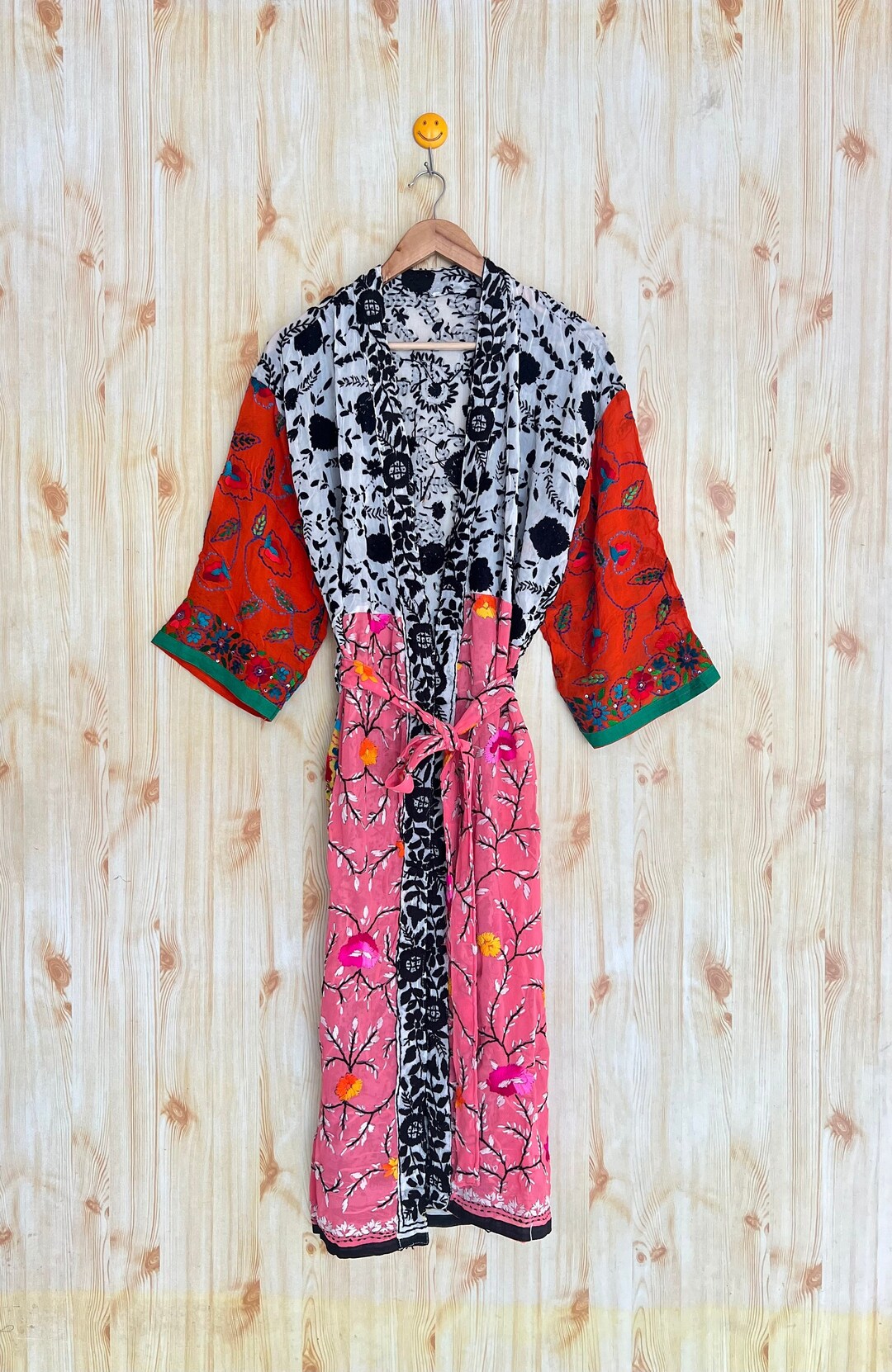 Red and Black Fulkari Kimono Hand Embroidered Phulakari Robe Colourful ...