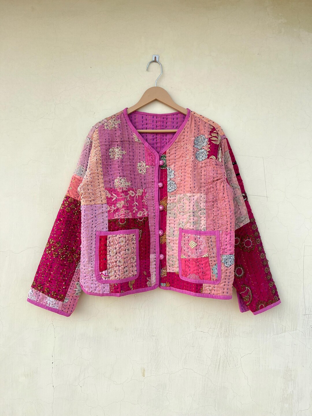 Pink Handmade Women's Kantha Jacket Indian Cotton Assorted Patchwork ...